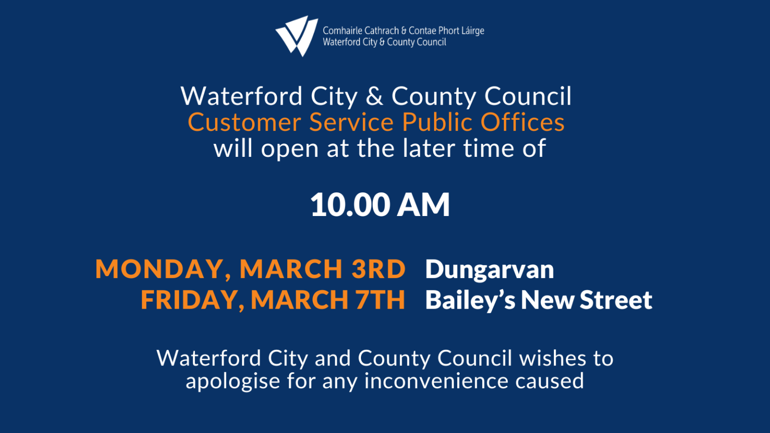 Change to Customer Service opening hours - Waterford City & County Council